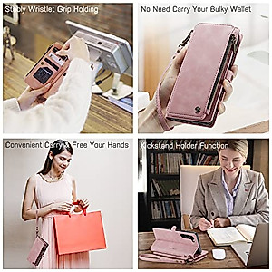 Defencase for Samsung Galaxy S23 Case, Galaxy S23 Case Wallet for Women Men with Card Holder, Durable PU Leather Magnetic Flip Strap Zipper Wallet Phone Case for Samsung S23 5G 6.1", Elegant Rose Pink