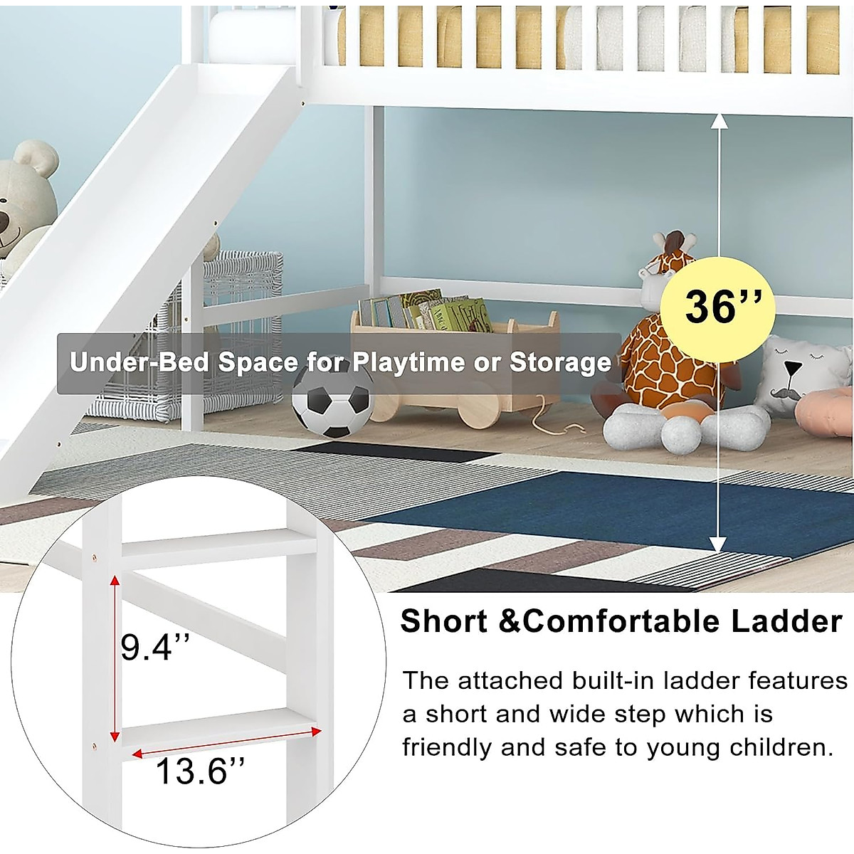 Bellemave Twin Size Low Loft Bed for Kids,Loft Bed with Slide and Ladder,Wood Kids Loft Bed Twin for Girls Boys(White)