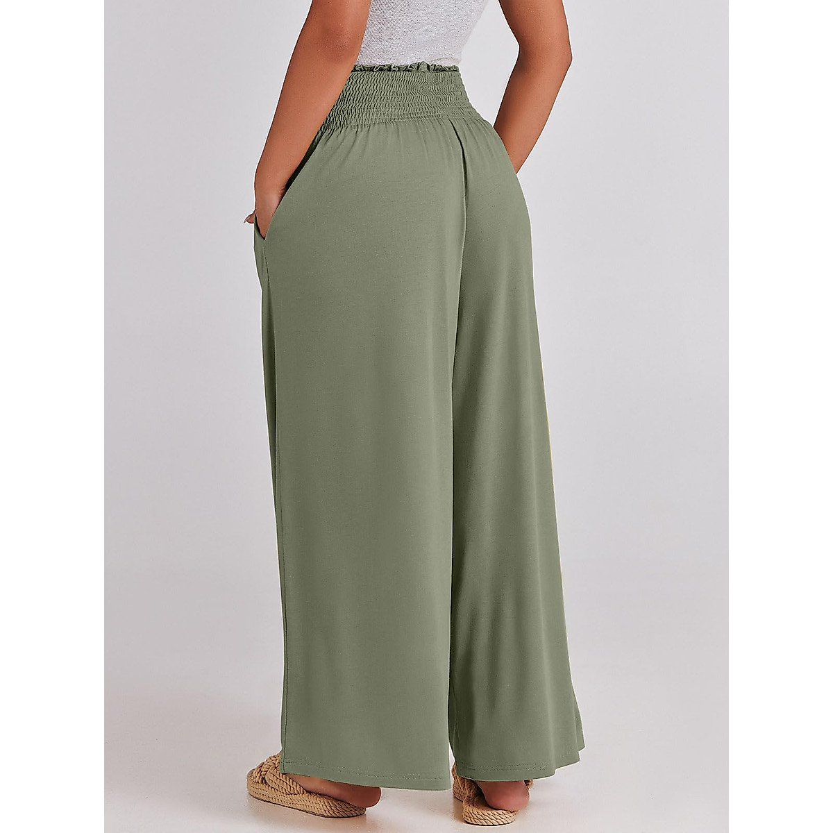 ANRABESS Women Palazzo Pants Summer Boho Bagyy Wide Leg High Smocked Waist Casual Loose Lounge Pant with Pocket Olive X-Large