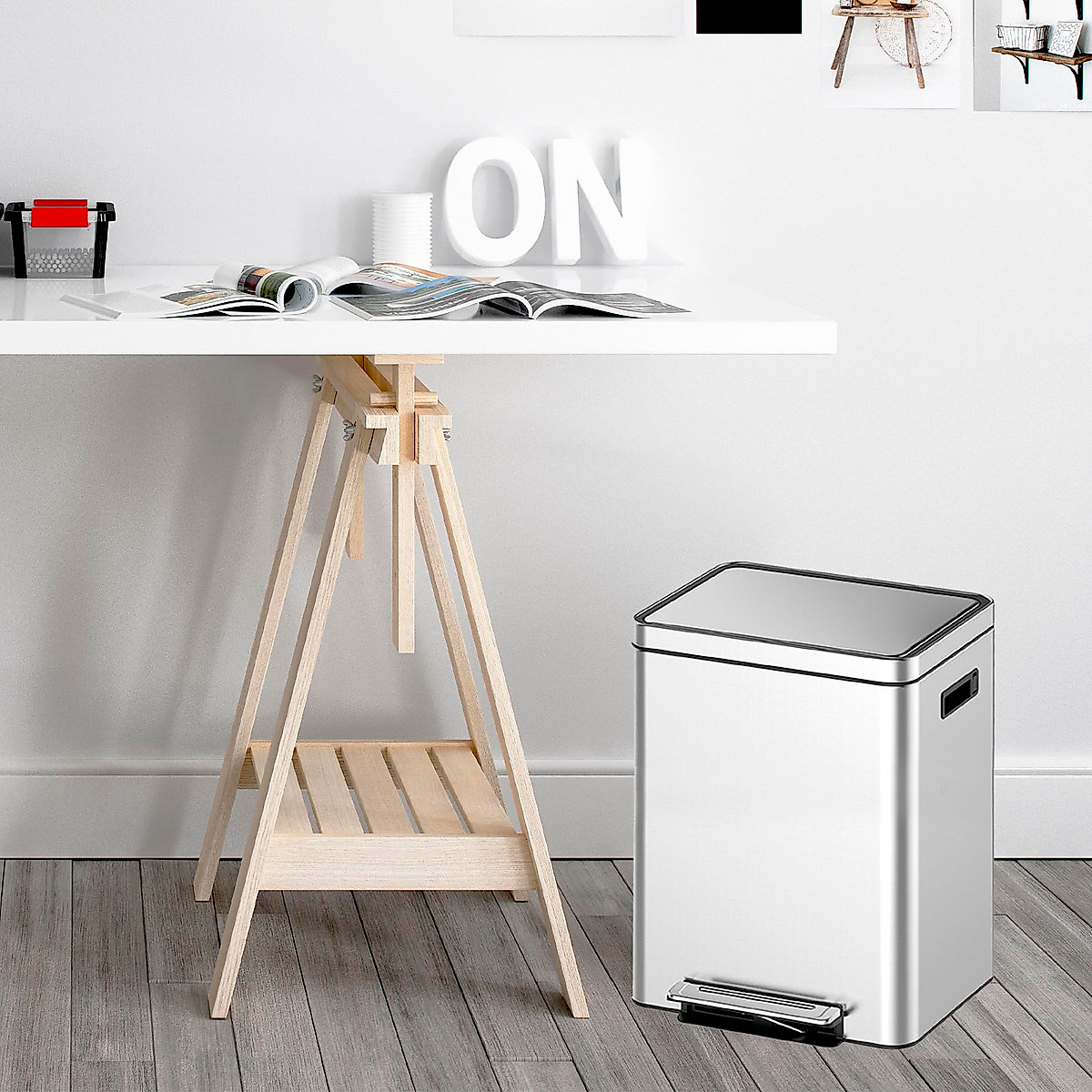 Fashionwu 30L/8 Gallon Trash Can, Rectangular Garbage Can with Soft-Close Foot Pedal, Double Compartment Classified Garbage Can, Stainless Steel Trash Can with Metal Lid & Removable Inner Bucket