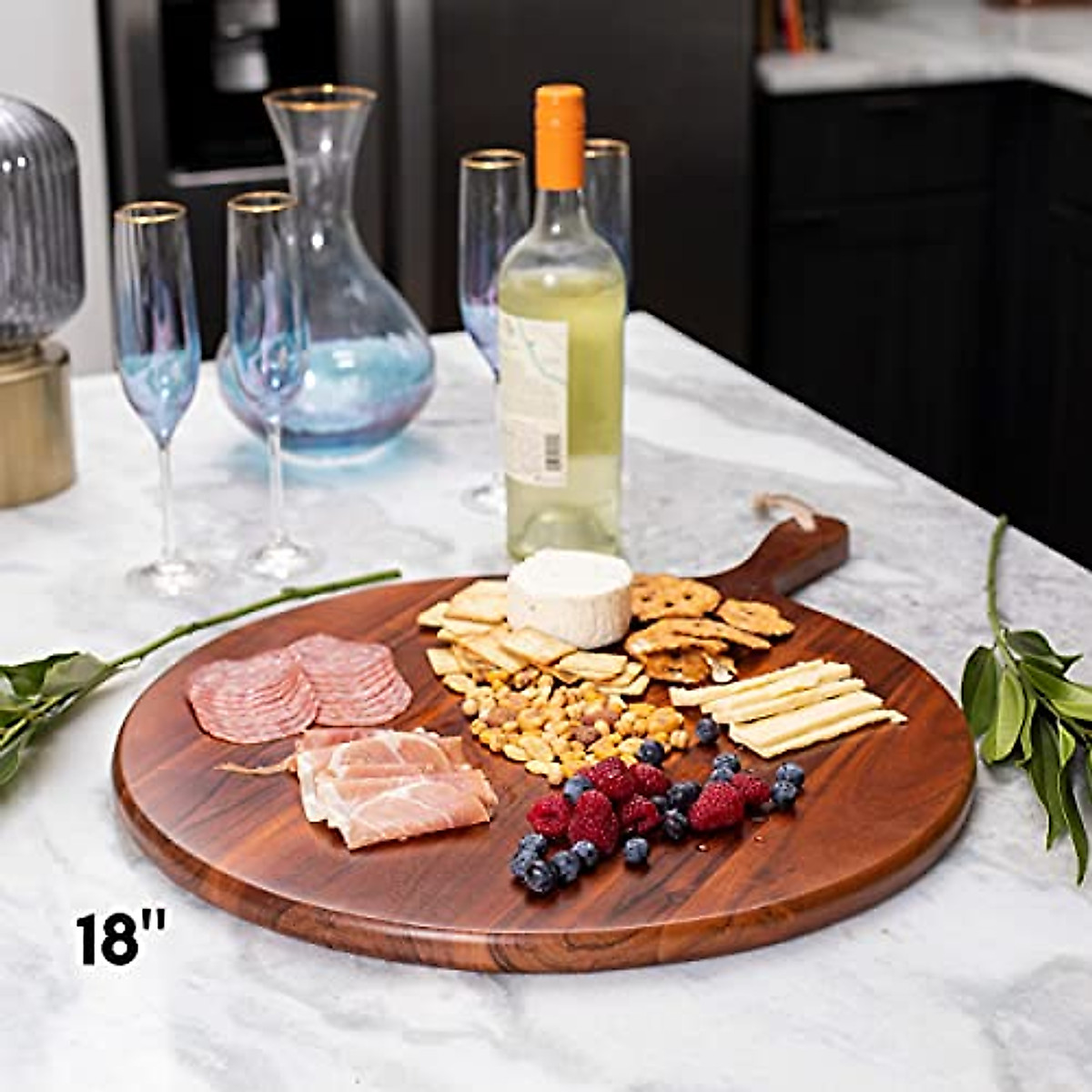 BirdRock Home 18" Round Acacia Wooden Cheese Serving Pizza Board with Handle - Party Charcuterie Board for Appetizers Wood Food Kitchen Platter - Bread Meat Fruit Display - Espresso