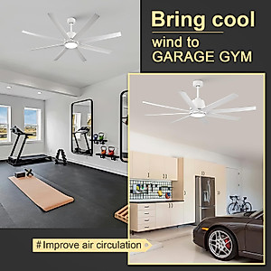 FookChak 65in White Large Ceiling Fan with Lights Remote Control 8-Blade Outdoor Ceiling Fan Light for Patio, Multi-speed Reversible Airflow for Garage Home Office Gym Room Living Room Bedroom