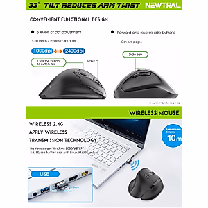 Censi Newtral Ergonomic Mouse,Vertical Wireless Mouse - 2.4GHz Optical Vertical Mice : 3 Adjustable DPI 800/1200/1600 Levels, for Laptop, PC, Computer,Notebook etc,