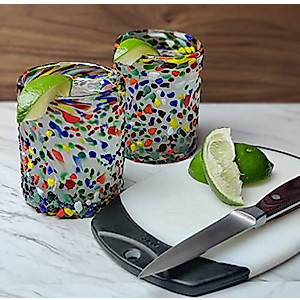 Hand Blown Mexican Drinking Glasses – Set of 6 Confetti Rock Tumbler Glasses (10 oz each)
