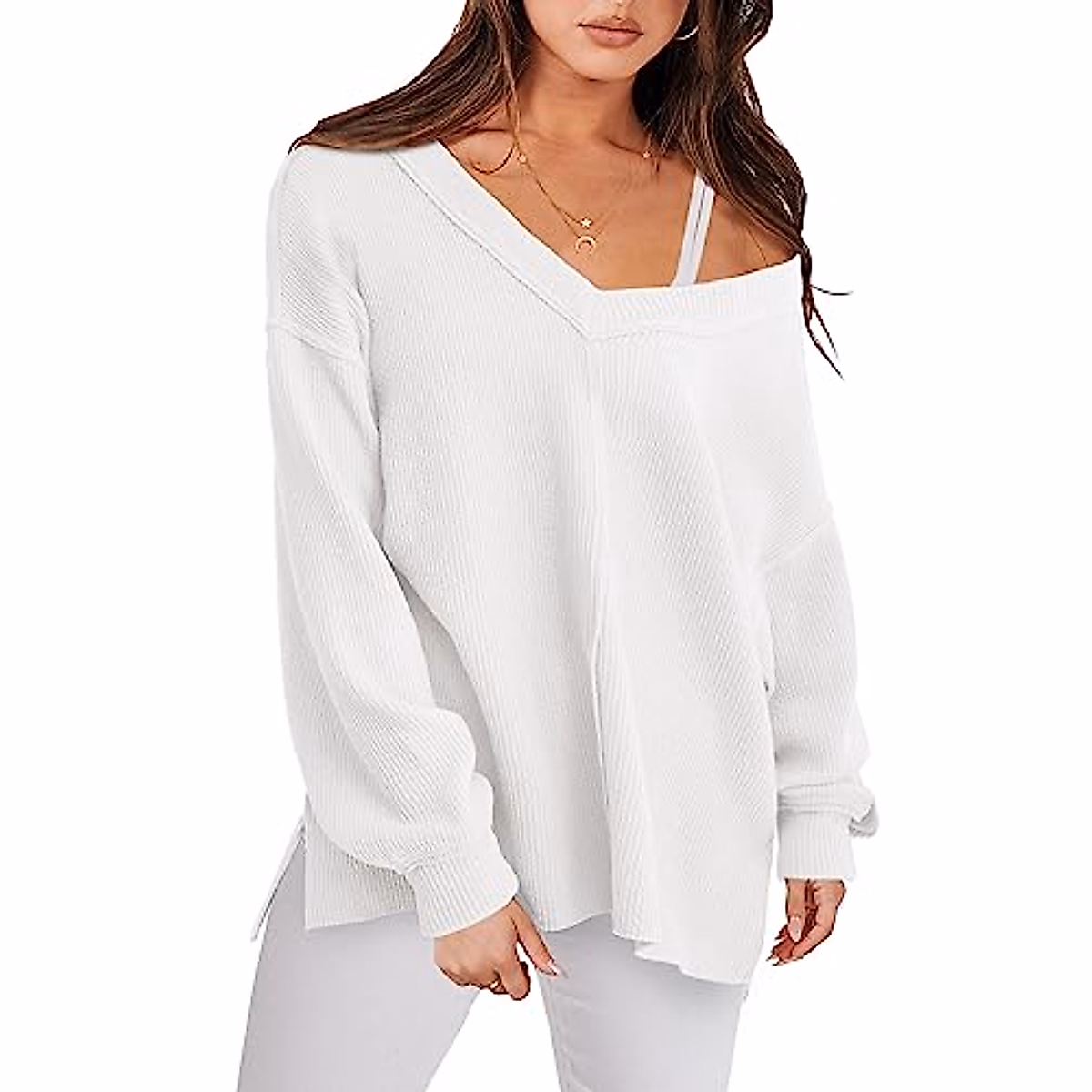 ANRABESS Women Long Sleeve Fall Shirt V Neck Off Shoulder Sweatshirt Ribbed Knit Pullover Sweater Loose Fit High Low Tunic Tops 2023 Trendy Clothes A1069baise-M White