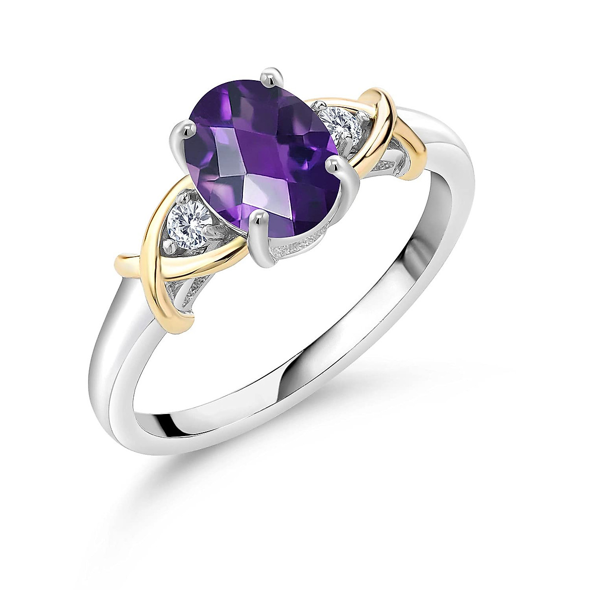 Gem Stone King 2 Tone 10K Yellow Gold and 925 Sterling Silver Oval Checkerboard Purple Amethyst and Lab Grown Diamond Engagement Ring For Women (1.28 Cttw, Available in Size 5,6,7,8,9)