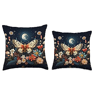 Witchy Vibe Aesthetics Beautiful Moth Flowers Moon Starry Night Throw Pillow, 18x18, Multicolor