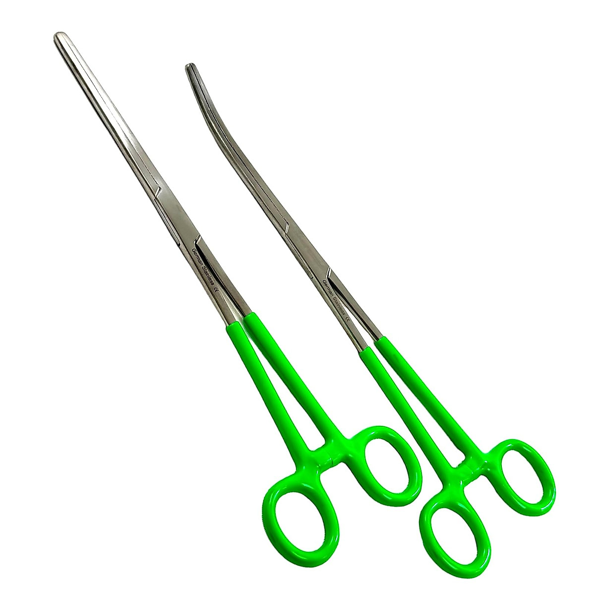 New Premium German Stainless Straight + Curved Hemostat Forceps, Hemostat Forceps clamp 10" (Cynamed Brand) Set of 2 ea-Green
