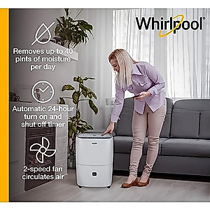 Whirlpool 40 Pint Portable Dehumidifier with 24-Hour Timer, Auto Shut-Off, Easy-Clean Filter, Auto-Restart, and Wheels, For Bathrooms, Basements, and Bedrooms