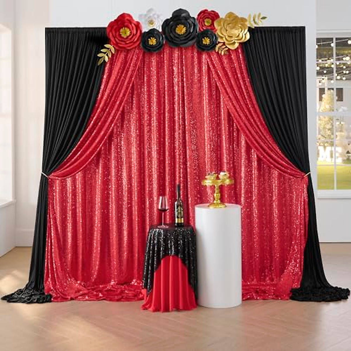 Outpain 2 Panels 2ft x 10ft Red Sequin Backdrop Curtain fpr Party, Not See Through 4ft x 10ft Red Backdrop Drapes for Wedding Party Christmas Photography Home Decoration