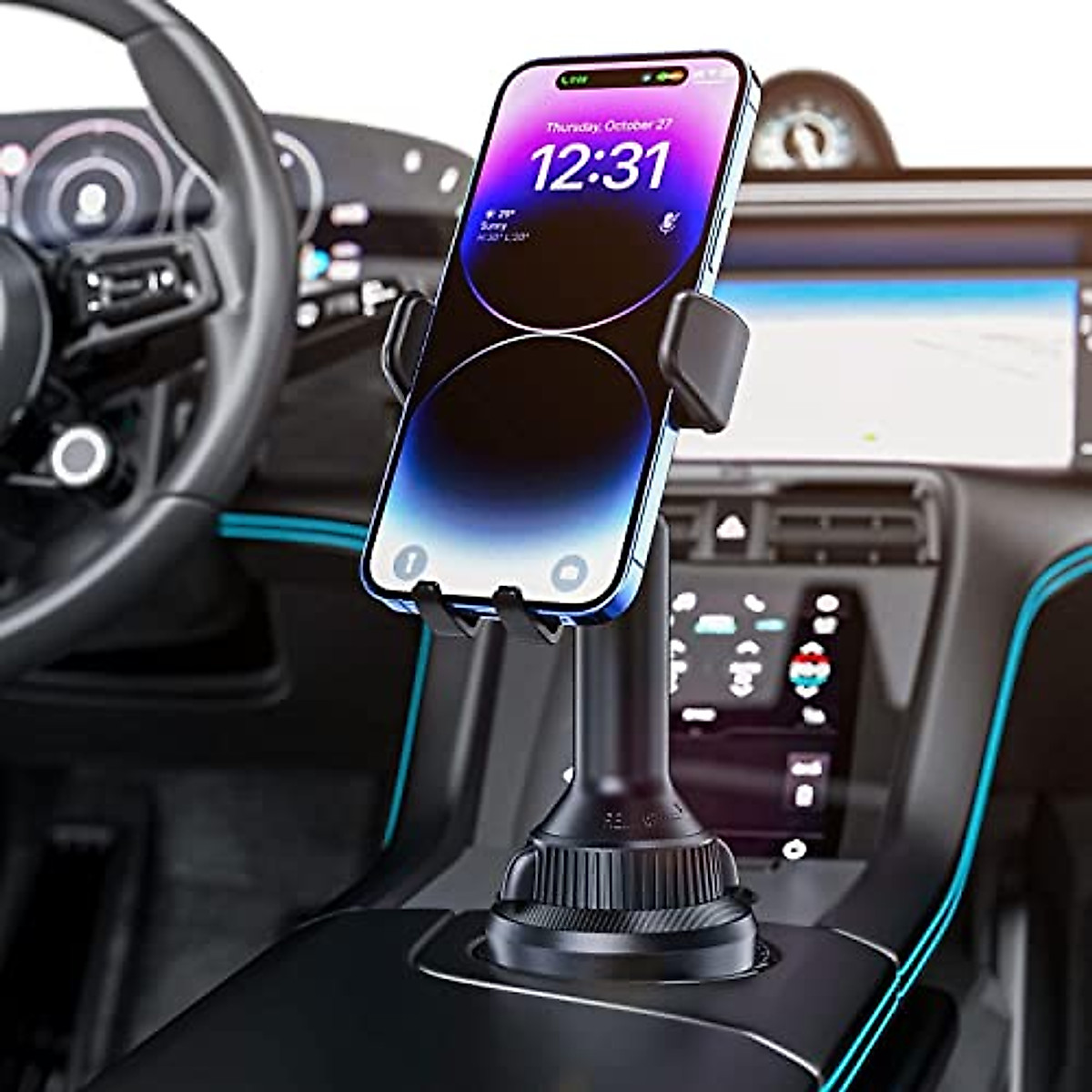 SMORFIT Cup-Holder-Phone-Mount-for-Car/Truck, Quick Extension Long Arm Fast Swivel Adjustable Height 360 Rotatable, Solid Cup Low Profile Universal Mobile Mount