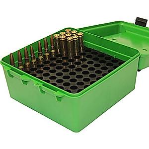 MTM R-100-10 Deluxe Ammo Box 100 Round | Fits 22-250 243 270 308 Win 30-06 | Includes Adjustable Inner Trays | Made of Polypropylene | USA Made | Green