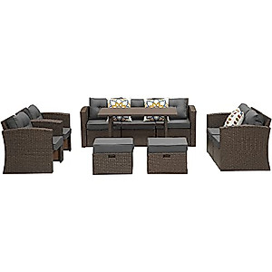 10-Piece Outdoor Patio Furniture Conversation Sets, All Weather Brown Wicker Rattan Aluminum Sectional Couch Sofa Set with Rectangular Dining Table and Dark Grey Cushion