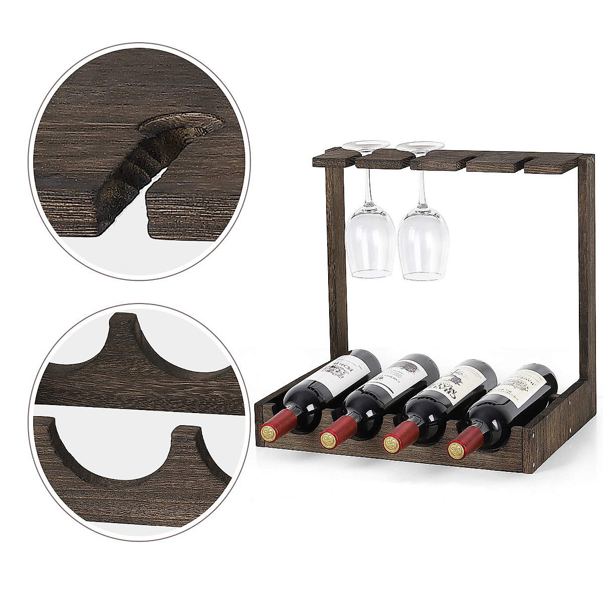 NANANARDOSO Wine Rack, Rustic Wood Wine Storage Shelf with Glass Holder Tabletop Wine Bottle Holder Organizer for Kitchen Cabinet Pantry (Rustic Brown, 4-Slot)