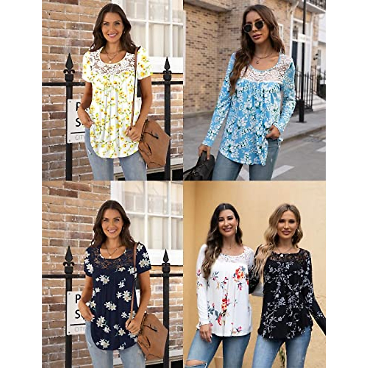 BISHUIGE Women's Casual Loose Short Sleeves Tunic Tops Lace Panel Pleated T-shirts Blouses with Leggings, M, Carved White - Black