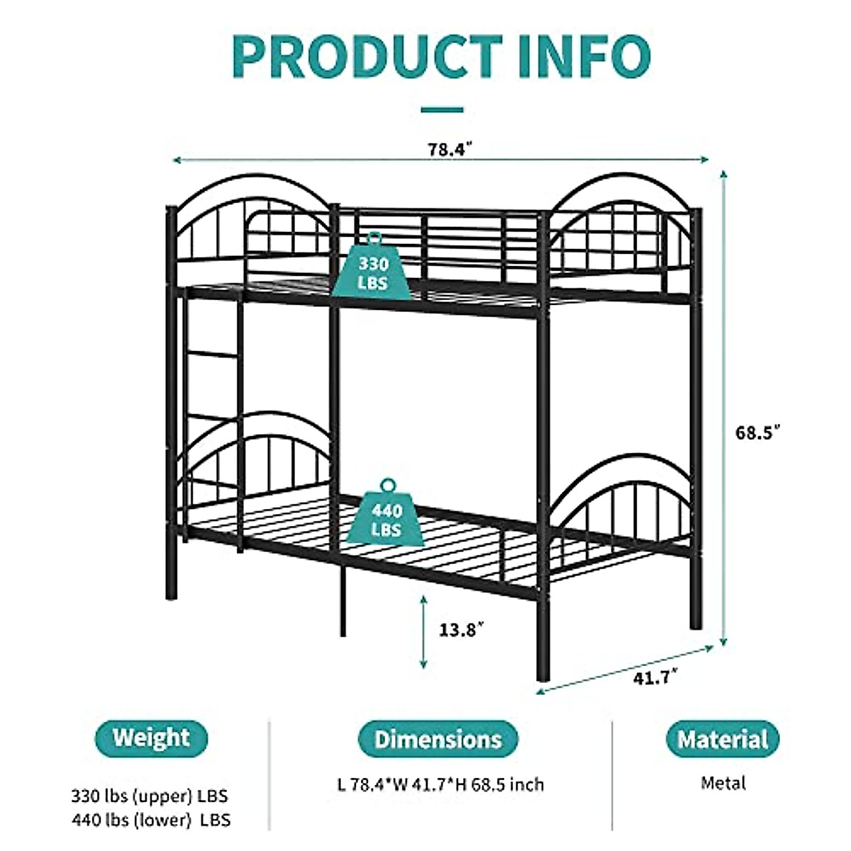 Metal Bunk Beds Frame Twin Over Twin, Convertible Into 2 Individual Metal Bed Frame, Removable Ladder & Safety Guard Rail (Twin Over Twin, Black)