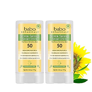 Babo Botanicals Super Shield SPF 50 Stick Sunscreen - 70% Organic Ingredients - Natural Zinc Oxide - For all ages - NSF & MADE SAFE Certified - EWG Verified - Water Resistant - Fragrance-Free - 2-Pack