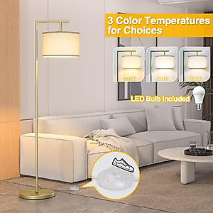 CNXIN Floor Lamp for Living Room with 3 Color Temperatures Standing Lamp with Adjustable Beige Linen Lampshade Tall Lamps for Bedroom Office Classroom Dorm Room, 9W LED Bulb Included, Gold