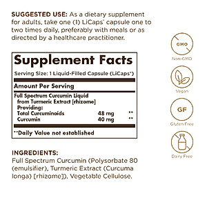 SOLGAR Full Spectrum Curcumin - 30 LiCaps - Superior Absorption - Brain, Joint & Immune Health - Vegan, Gluten Free, Non-GMO, Dairy Free - 30 Servings