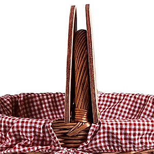 PICNIC TIME - Country Vintage Picnic Basket with Lid - Wicker Picnic Basket for 2, (Red & White Gingham Pattern)