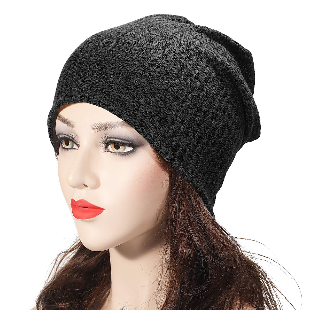 ZLYC Women Fashion Knit Slouchy Beanie Hat Thin Stretch Skull Caps (Solid Black)