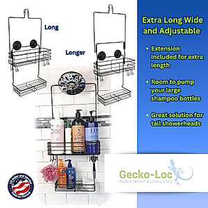 Gecko-Loc Extra Long Wide Adjustable Length over the showerhead hanging shower caddy organizer - for Shampoo, Soap, & Razors - Black