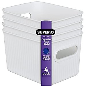 Superio Ribbed Collection - Decorative Plastic Open Home Storage Bins Organizer Baskets, Small White (4 Pack) Container Boxes for Organizing Closet Shelves Drawer Shelf 1.5 Liter