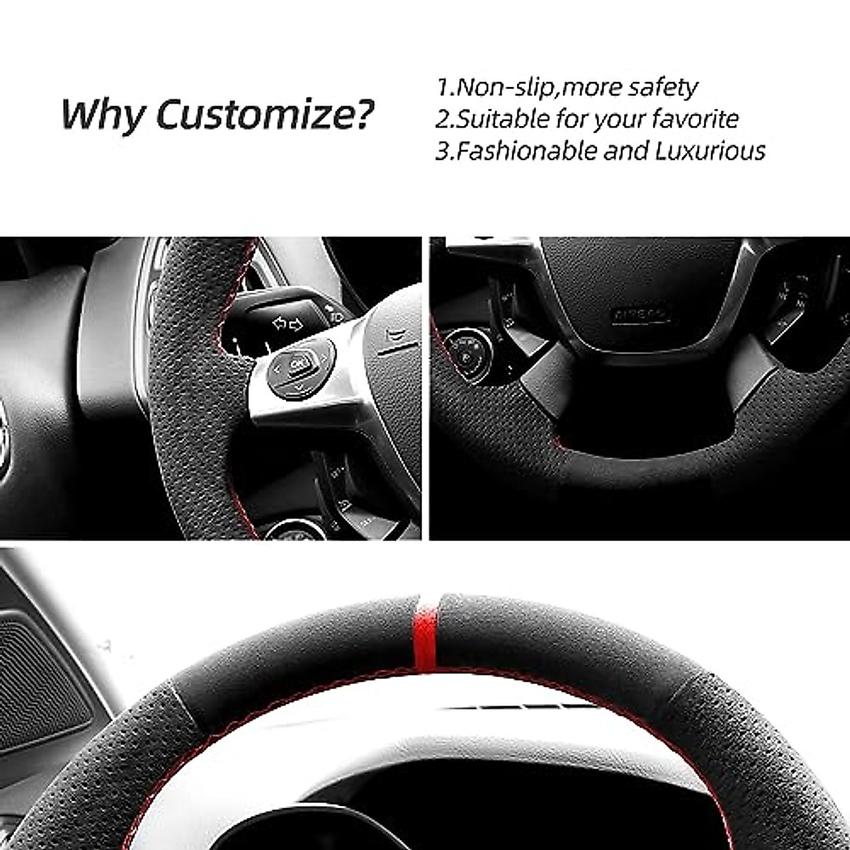 Alfanxi Hand Stitch Alcantara Steering Wheel Cover Compatible with Ford Focus 3 ST C-Max Energi Hybrid Kuga 2012-2016 (Red Stripe)