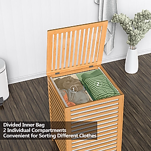 Purbambo Laundry Hamper with Lid, 95L Bamboo Laundry Basket with Removable Liner Bag, 2-Section Laundry Sorter for Home Bathroom Bedroom