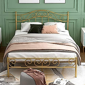 IOTXY King Metal Bed Frame - Gold 12 Inches Complete Bed Platform with Curved Tall Headboard and Shorted Footboard, King-Size Mattress Base Foundation, Garden Style