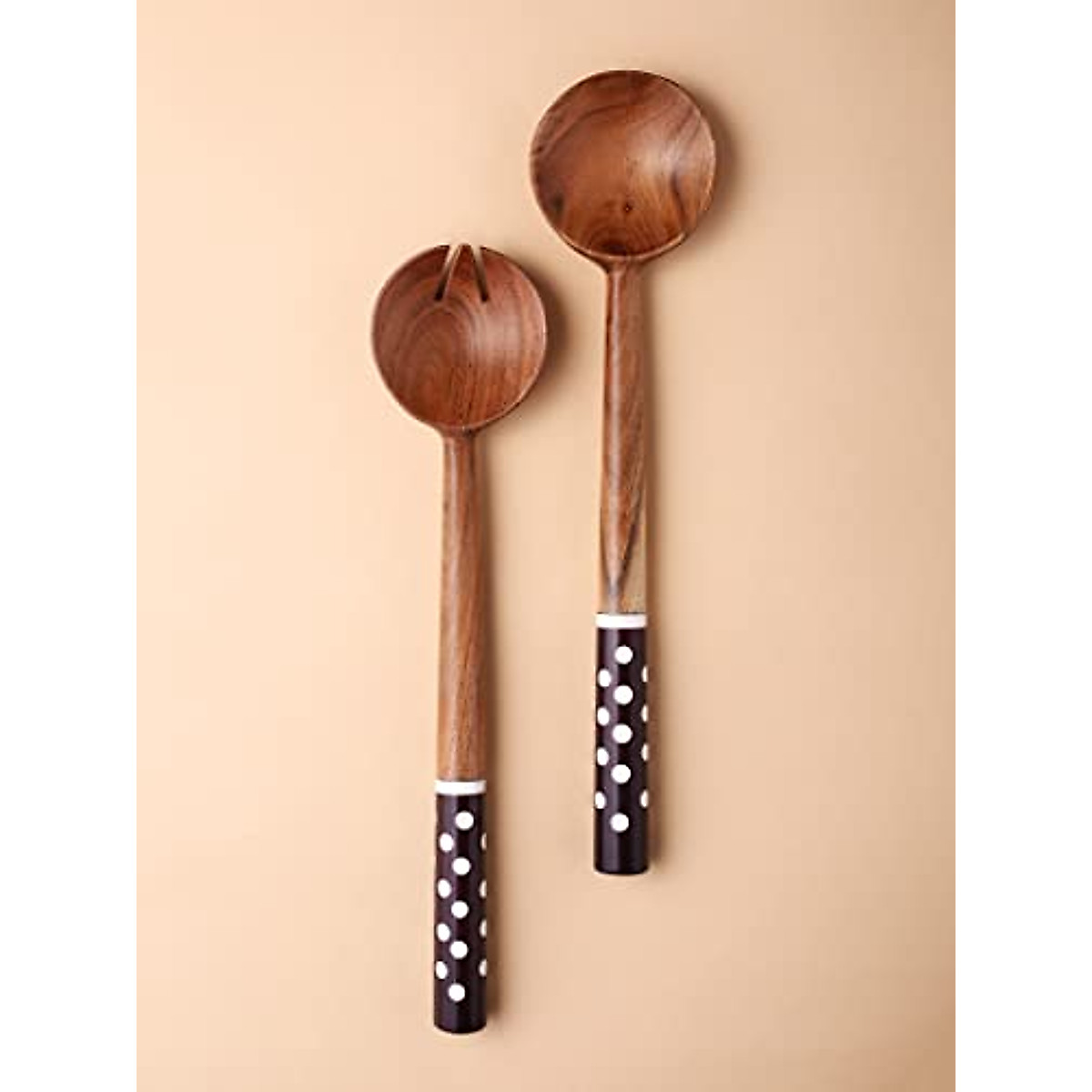 YoTreasure Tiramisu Black & White Dotted Resin Wood Salad Server Set | Wooden Utensils for Serving Salad, Spoon and Fork Set for Modern Kitchen