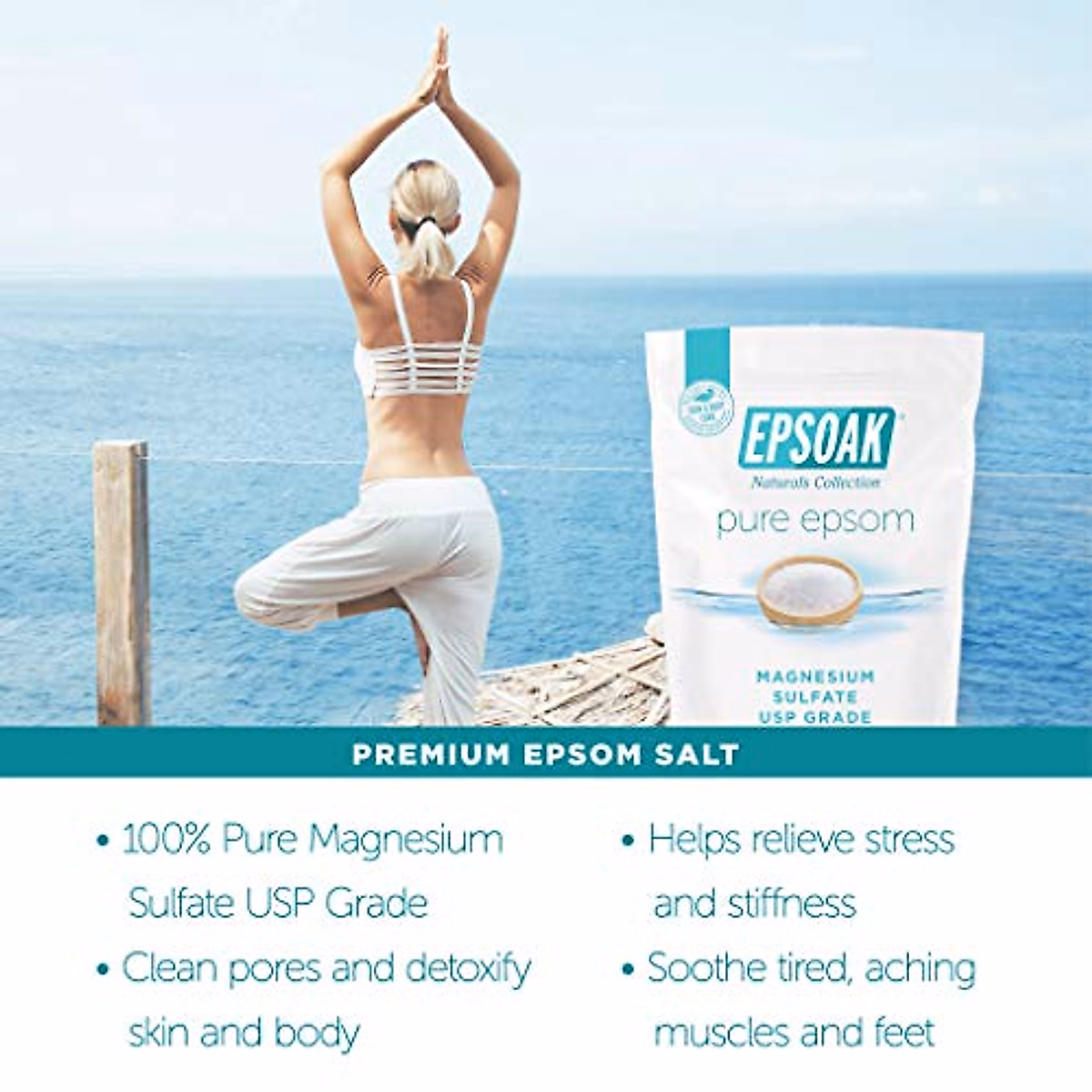 Epsoak Epsom Salt 5 lb. Magnesium Sulfate USP. (Qty. 1 x 5lb. Bags) Resealable Epsom Salt Bulk Bags Unscented, Made in The USA, Cruelty-Free Certified