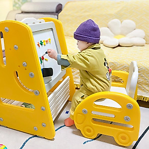 Tiita Kids Art Easel with Stool, 3 in 1 Double-Sided Magnetic Dry Erase Board and Kids Book Rack with Foldable Desktop, Standing Easel with Bottom Storage Shelf, Yellow