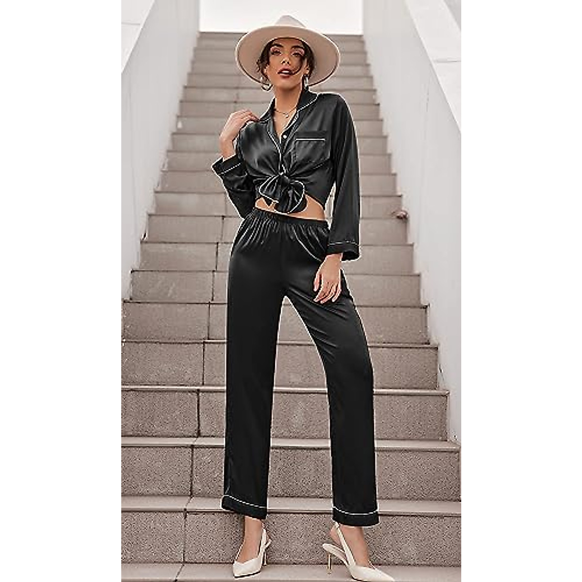 Ekouaer Satin Sleepwear Women's Long Sleeve Pajamas Silk Button Down Loungewear Two Piece Pjs Set (Black,S)