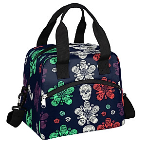 Insulated Lunch Bag for Women Men Colorful Floral Goth Mexican Skull Lunch Box Reusable Lunch Cooler Bag Large Lunch Tote Bag for Work Picnic Travel School