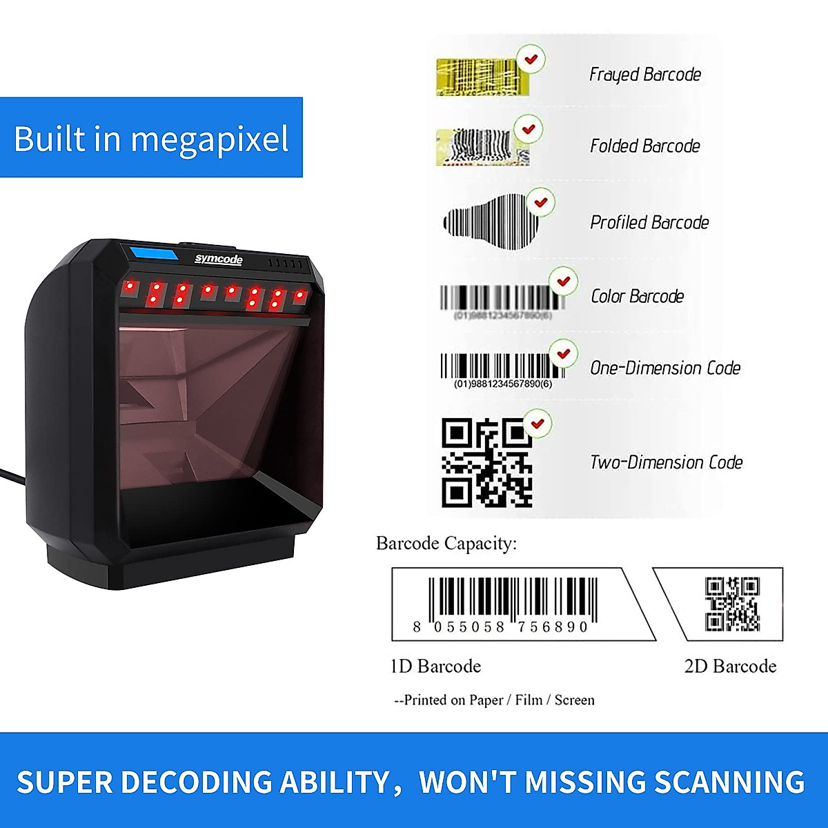 2D Desktop omnidirectional Barcode Scanner.Hands-Free USB Wired QR Barcode Reader Capture Barcodes from Mobile Phone Screen, Automatic Image Sensing Barcode Scanner