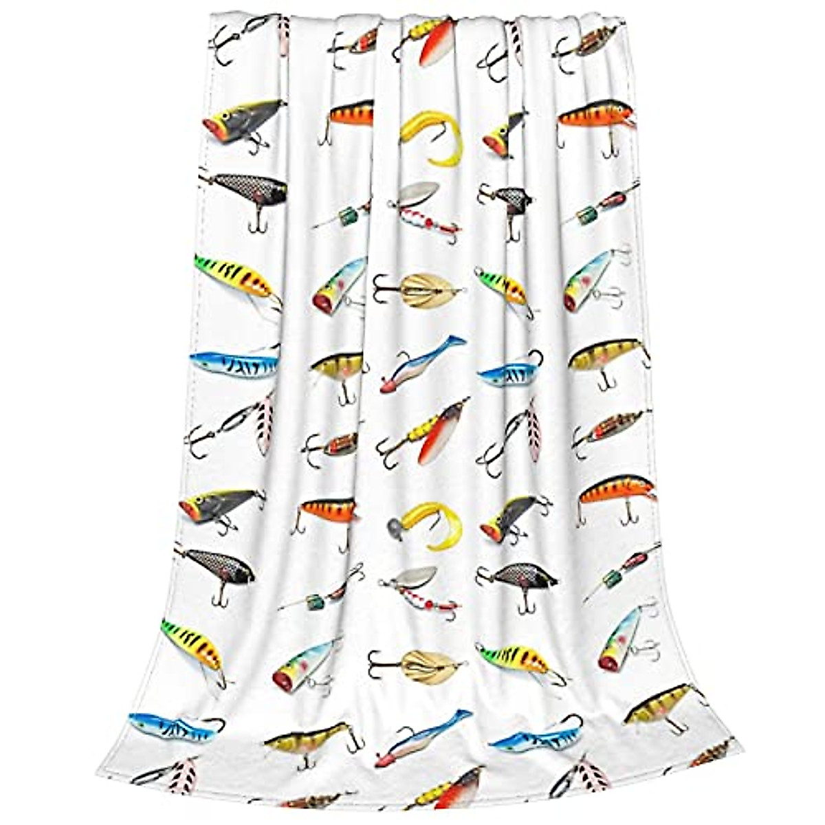 Fishing Bait Flannel Blanket Different Bash Fish Hooks Fishing Lures Hobby Pastime Hooks Throw Blankets for Kids Adults, Super Soft Lightweight Fluffy Sofa Office Fleece Plush Blanket 50"x40"