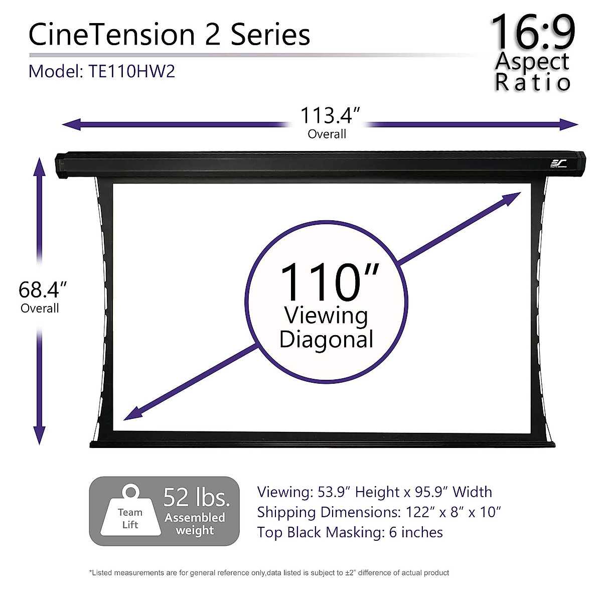 Elite Screens CineTension 2, 110-inch Diagonal 16:9, 4K/8K Tab-Tensioned Electric Drop Down Projection Projector Screen, TE110HW2