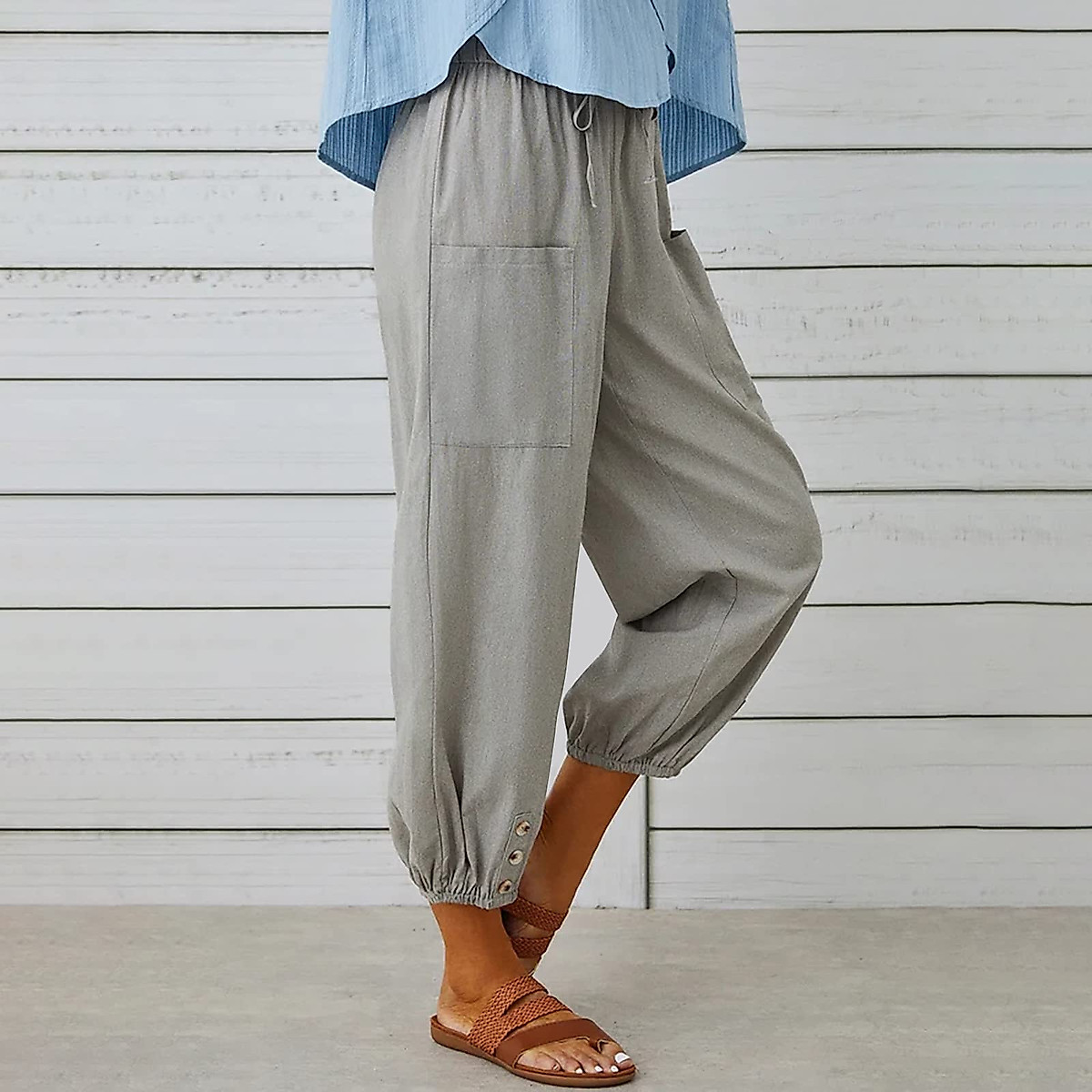 Womens Casual Capri Pants Elastic Waist Drawstring Summer Lounge Baggy Trousers Cinch Bottom Lantern Ankle Pants with Pockets