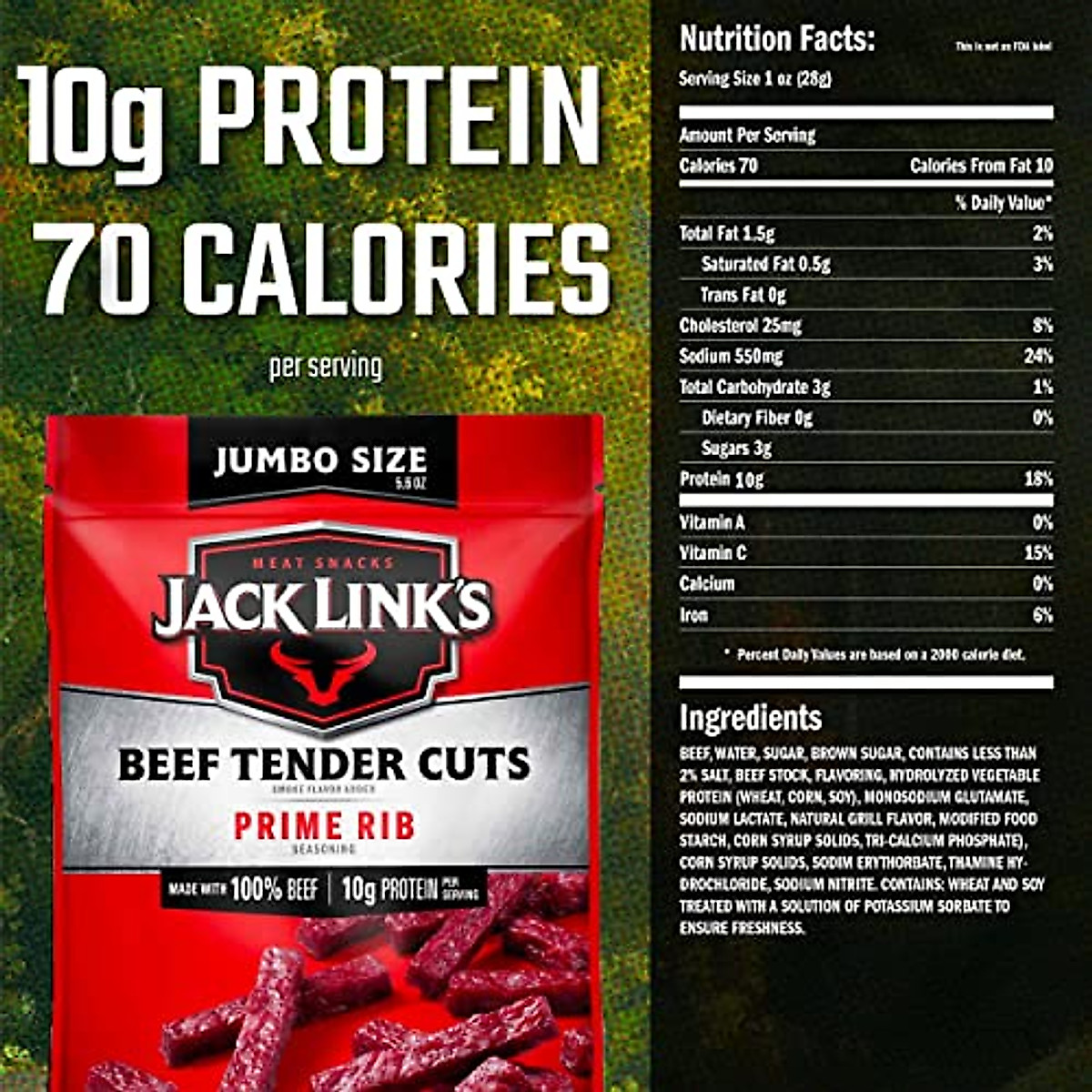 Jack Link's Tender Cuts, Prime Rib Flavor, 5.6 Oz Sharing-Size Bag and Jerky Snack with 11g of Protein and 70 Calories, Made with Premium Beef, 96 Percent Fat Free