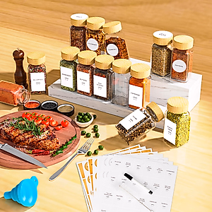 24 Glass Spice Jars with Label, Spice Jar Set with Bamboo Lids 4oz Seasoning Containers Shakers & Spice Labels, Empty Spice Bottles, Kitchen Organization Storage for Cabinet Drawer Decor Essentials