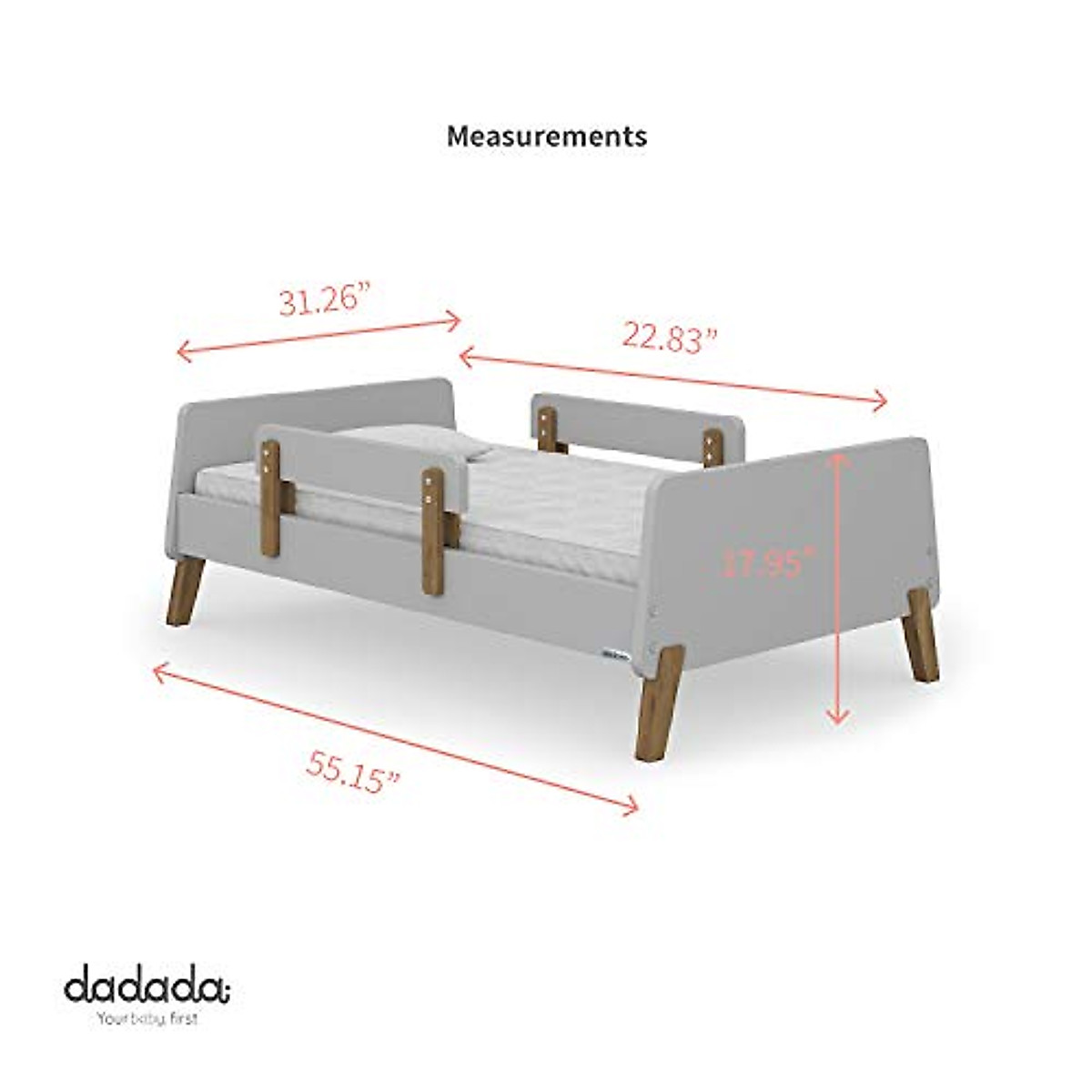 dadada Muse Toddler Bed with Removable Rails – Toddler and Kids Bed Set Fits Standard Crib Mattress, Holds up to 50 Lbs. – Modern, Easy-to-Assemble, 55.15x 31.26x17.95 in. Gray + Natural …