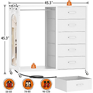 Cyclysio Dresser for Bedroom with Clothes Rack & Mirror, White 5 Drawers Dresser with Charging Station & LED Lights, Rolling Chest of Drawers with Wheels, Full Length Mirror, Wooden Top,Bedroom,Closet