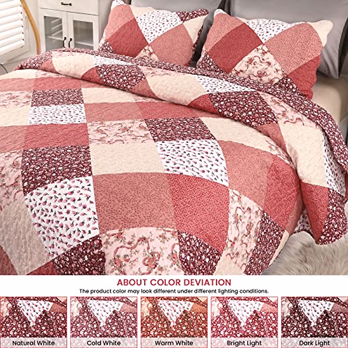 Qucover Quilt Queen Size, 3 Piece Multicolour Patchwork Print Red Pink Beige Floral Reversible Quilts Set, Soft Microfiber Lightweight Quilt Bedspread Bedding Set for All Seasons