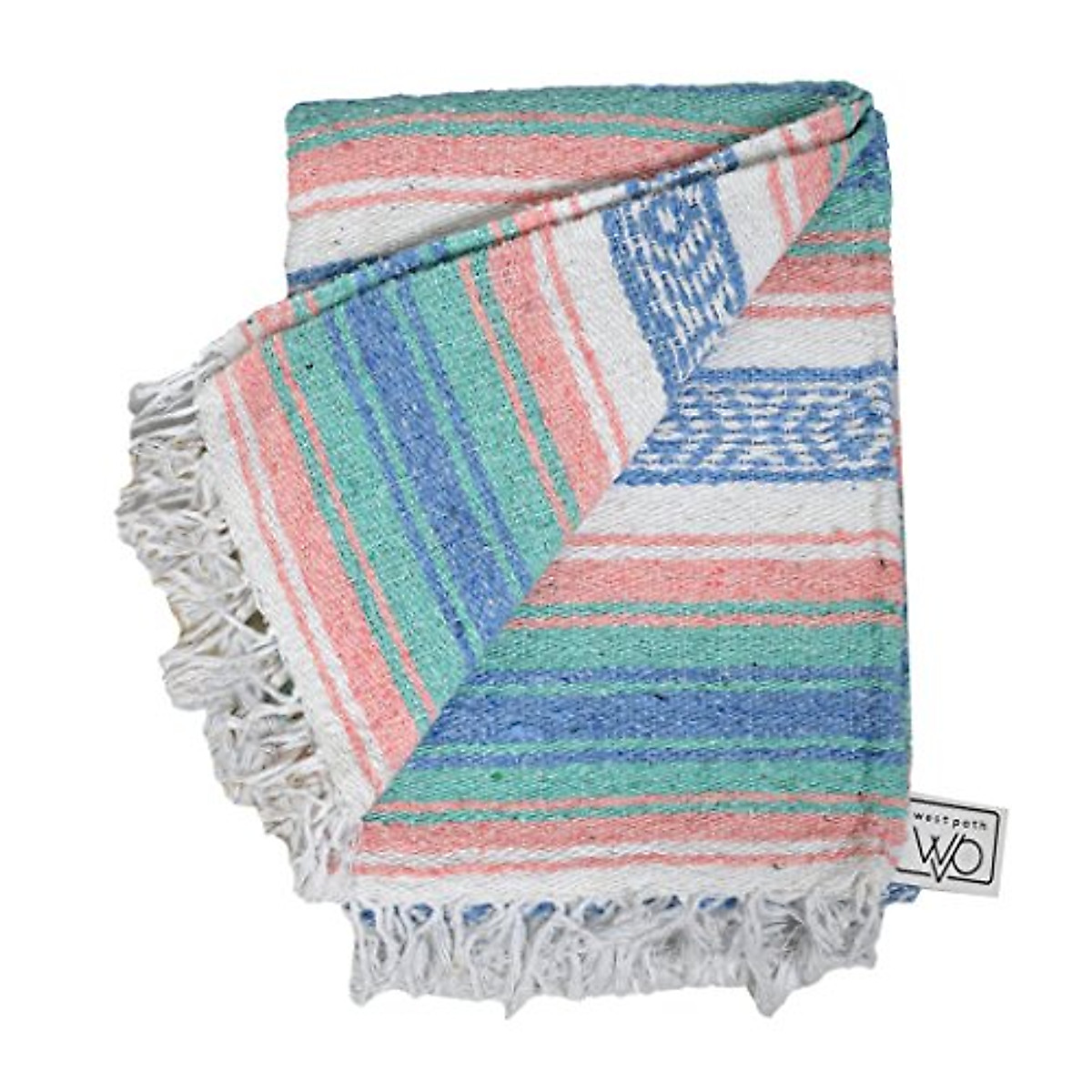 Open Road Goods Light Teal and Coral Mexican Blanket - Authentic Mexican Flasa - Great Yoga Blanket, Beach Blanket, Picnic Blanket, or Mexican Throw! Handwoven
