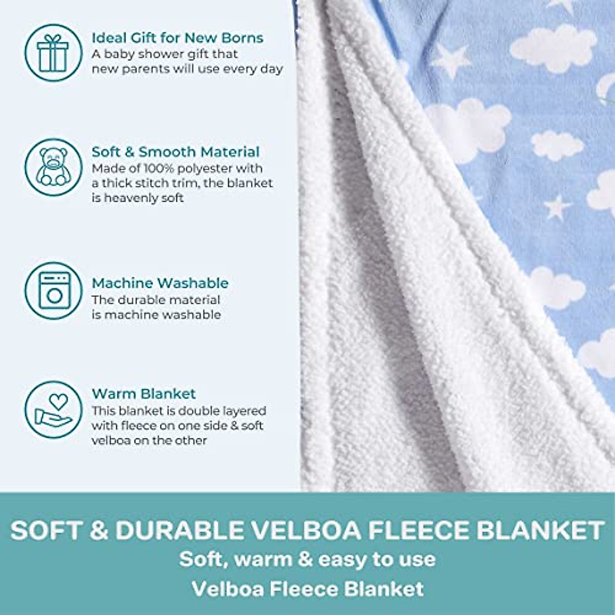 Spasilk Baby Boys Fleece Velboa Baby Blanket for Bed and Strollers, Blue Clouds