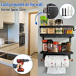 VIAV Magnetic Spice Rack with Paper Towel Holder for Refrigerator with 2-Tier Shelf Spice Rack Strong Magnetic Backing with 3 Hooks for Kitchen Storage,Refrigerator,Freezer,Grill Silver