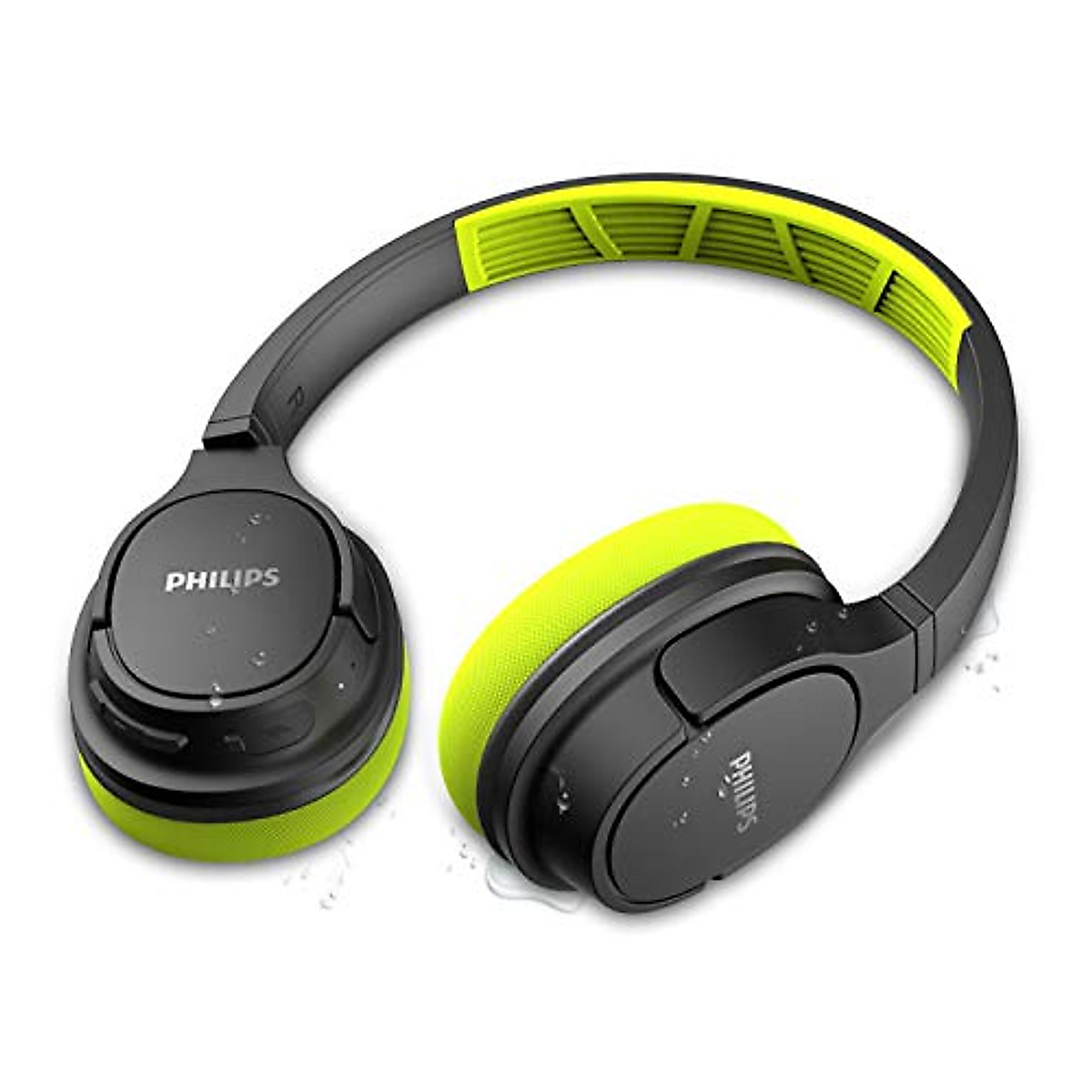 Philips ActionFit SH402 Wireless Bluetooth Headphones, IPX4 Splash-Resistance, Up to 20 hours of Play time, Echo Cancellation, Quick Charge, Smart Pairing and Cooling Earcups - Black/Green (TASH402LF)