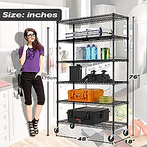 HCB 6-Tier Storage Shelf Heavy Duty Wire Shelving Unit 76"x48"x18" Height Adjustable Metal Steel Wire with Casters for Restaurant Garage Pantry Kitchen Rack (Black)