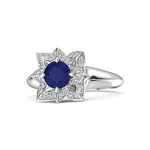 PB Collection Lotus Flower Engagement Ring 925 Sterling Silver Round Cut Blue Sapphire & CZ 8